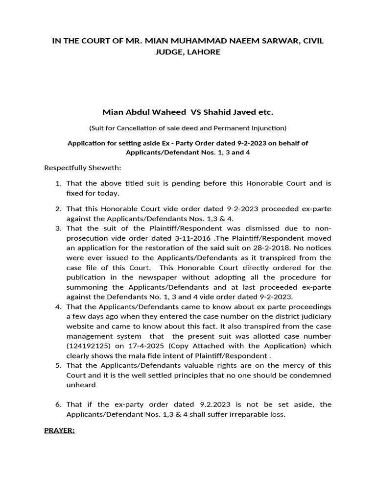 Application For Setting Aside Ex Parte Proceedings | PDF | Lawsuit | Ex Parte