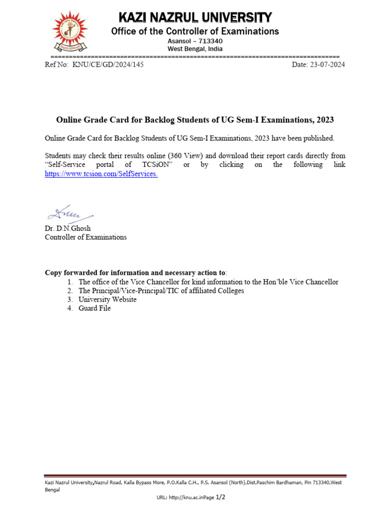 Online Grade Cards For Backlog Sem 1 Exam 2023 | PDF