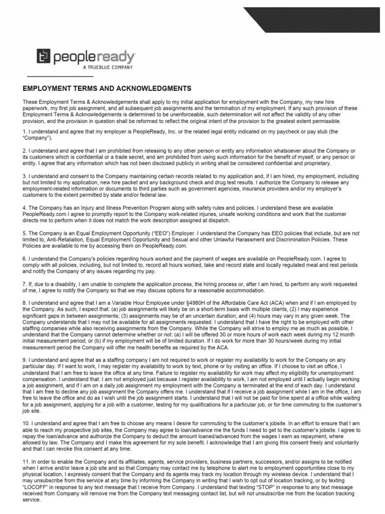 Employment Terms and Acknowledgments | PDF | Telephone | Text Messaging