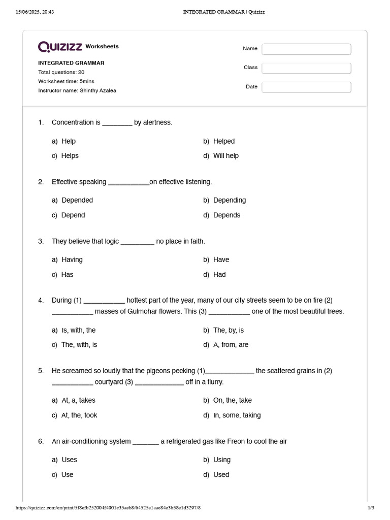 Integrated Grammar Worksheet | PDF