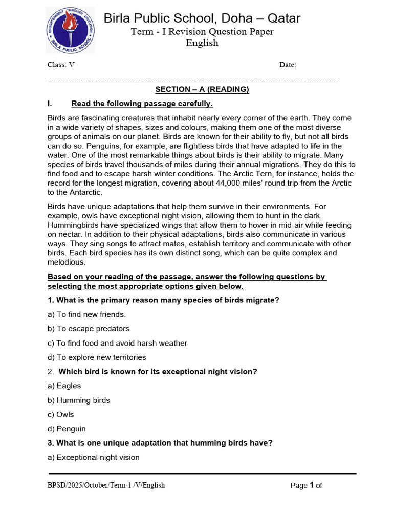 English Revision Paper for Class V | PDF | Pronoun | Birds