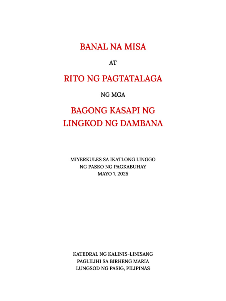 Pagtatalaga Sa Mga Bagong Kasapi NG Lingkod NG Dambana - 7 Mayo 2025 | PDF