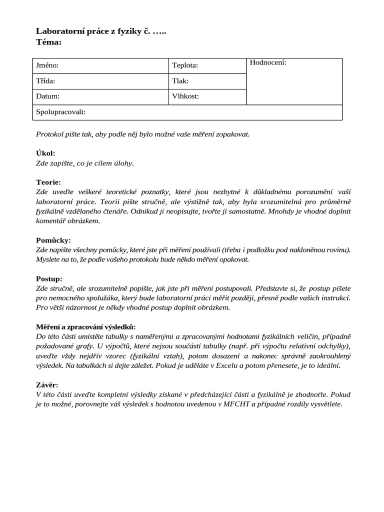 Protokol o Laboratorní Práci - Vzor | PDF
