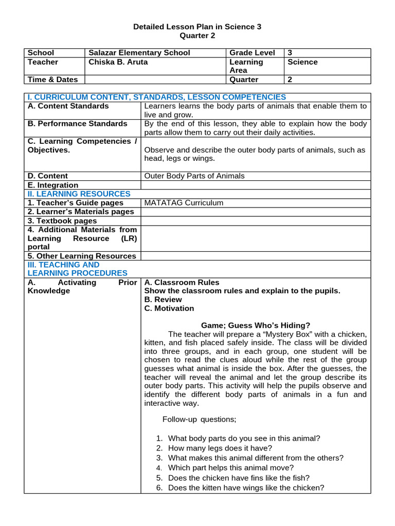 Science Lesson Plan: Animal Body Parts | PDF | Teachers | Learning