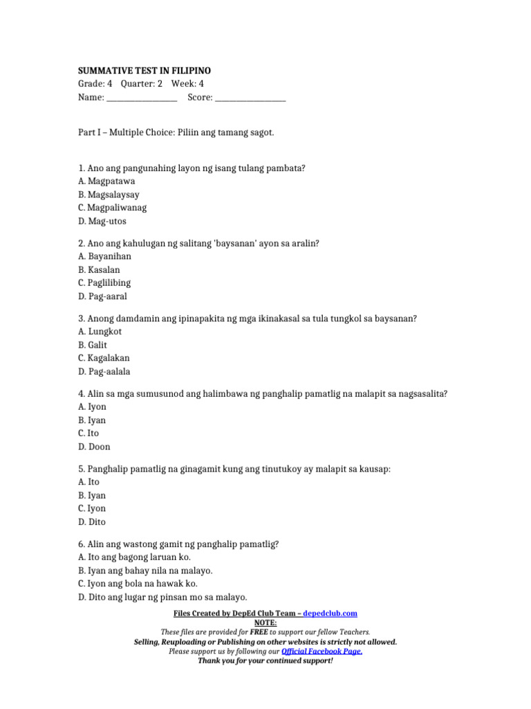 Summ - Test Filipino 4 Q2 W4 | PDF
