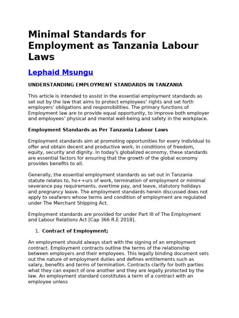 Minimal Standards For Employment As Tanzania Labour Laws | PDF ...