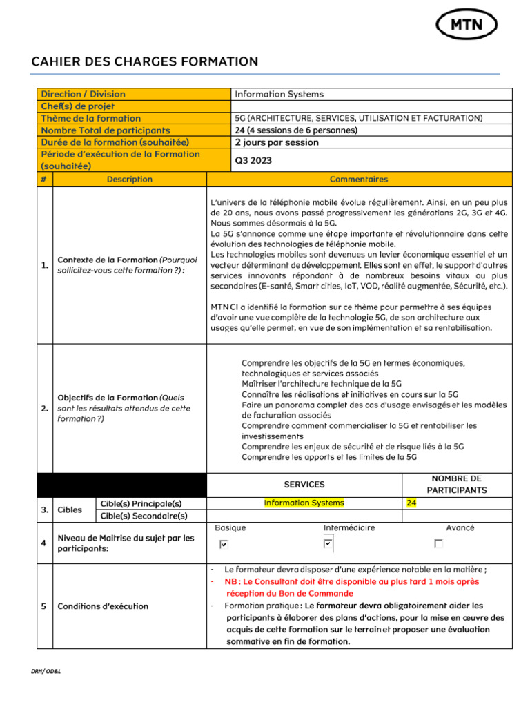 Cahier Des Charges - Formation 5G (Architecture, Services, Utilisation ...
