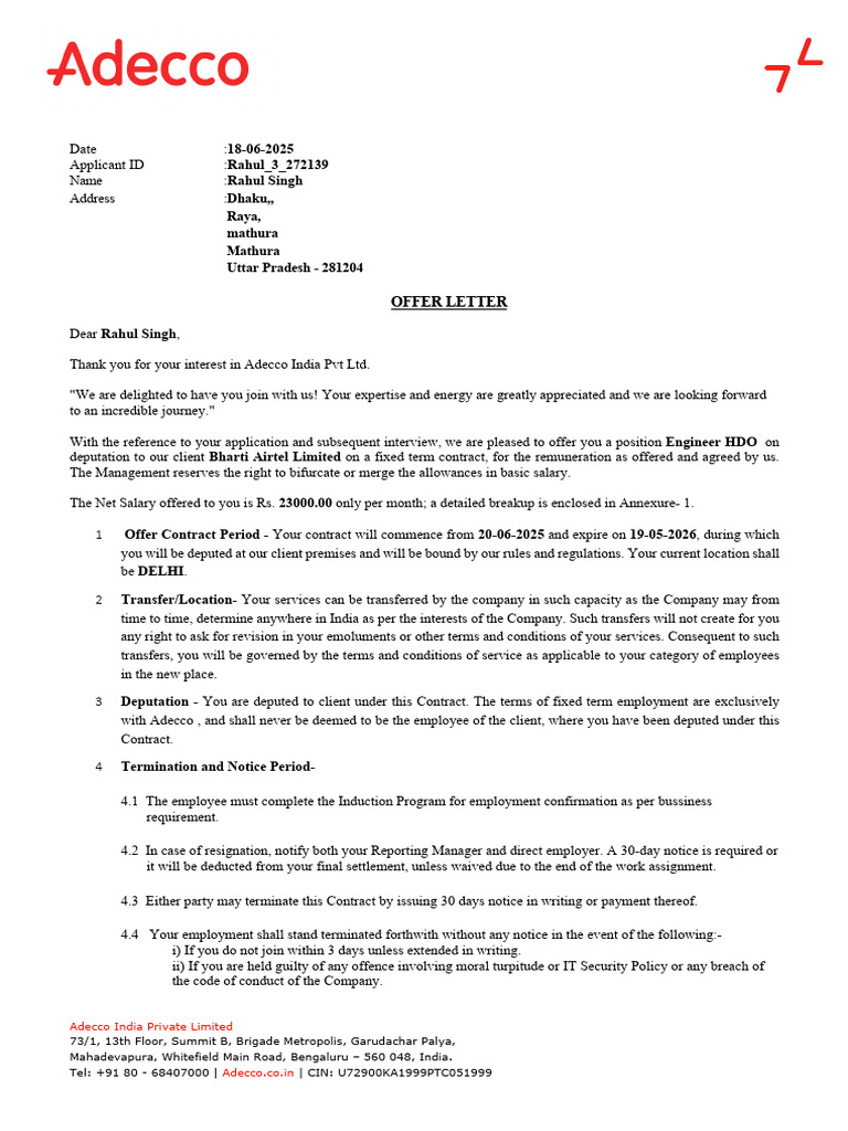 Adecco India Offer Letter for Rahul Singh | PDF | Employment | Salary