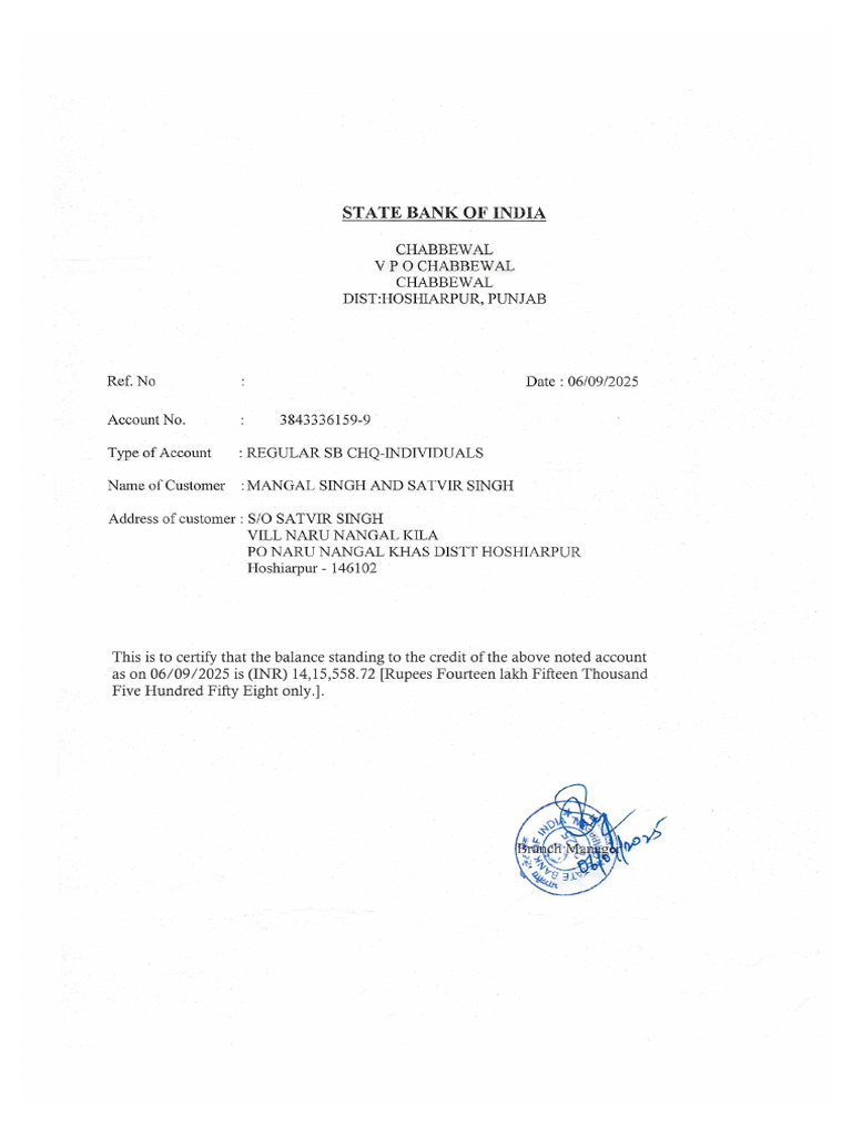 Sbi Balance Certificate | PDF