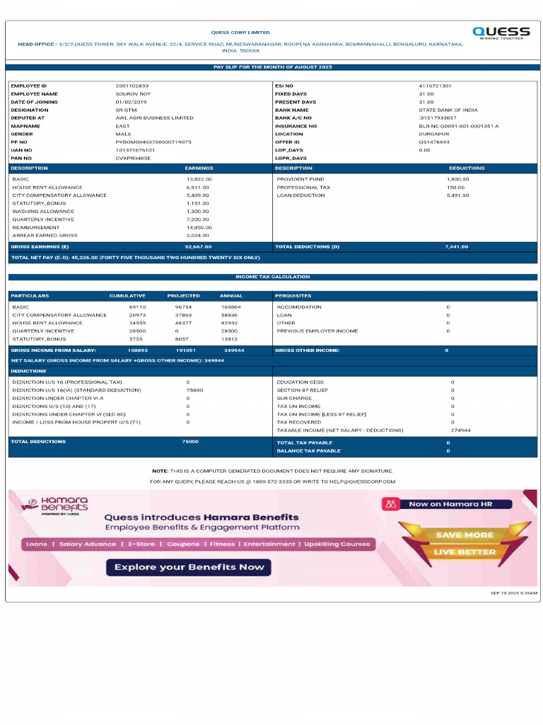 SOUROV_ROY_August 2025_Salary Slip - August-2025-1 | PDF