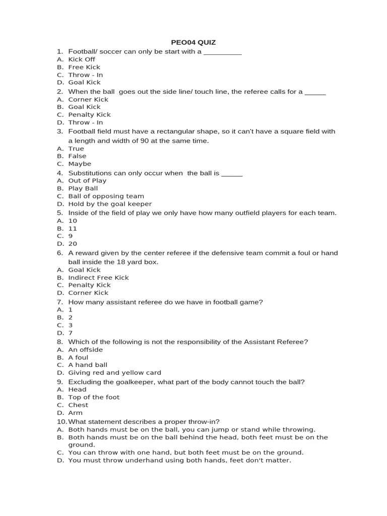Soccer Rules and Quiz Questions | PDF | Sports | Sports Rules And ...