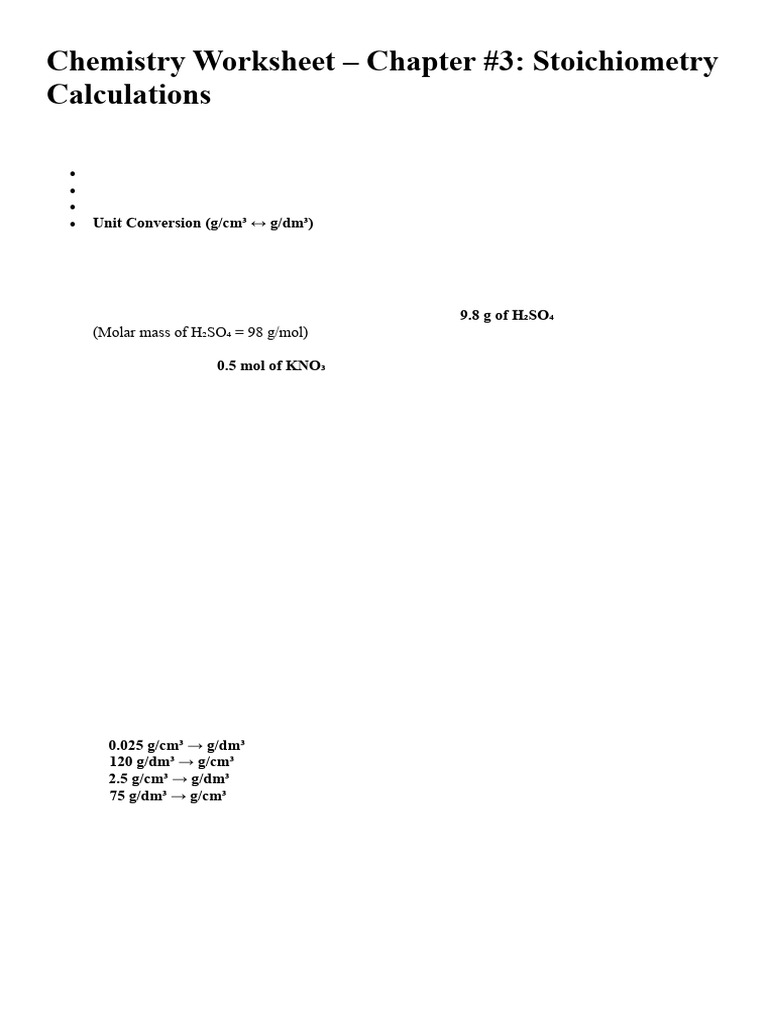 Stoichiometry Worksheet: Molarity & Dilution | PDF