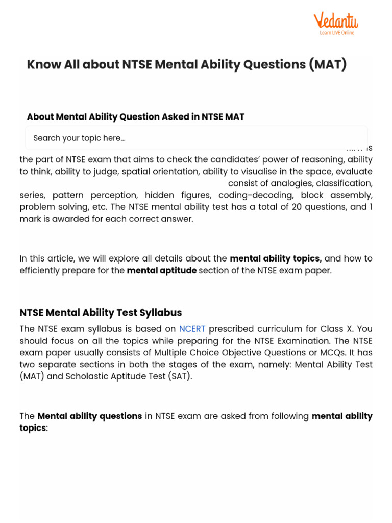 Know All About NTSE Mental Ability Questions (MAT) | PDF