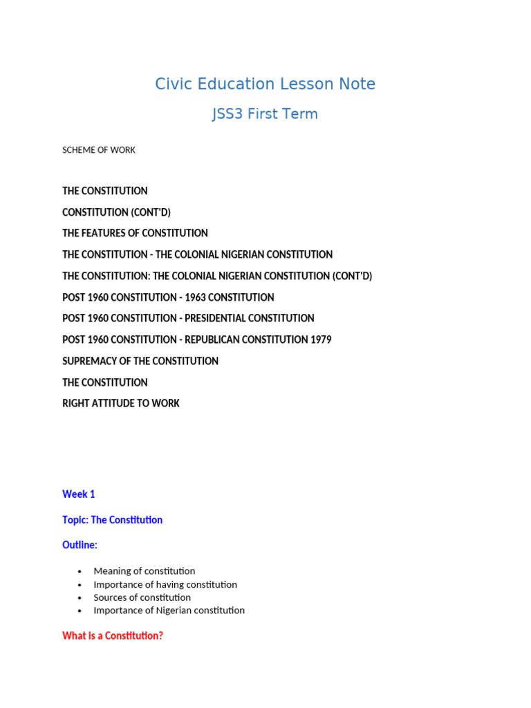 Civic Education Lesson Note JSS3 FIRST TERM | PDF | Constitution | Nigeria