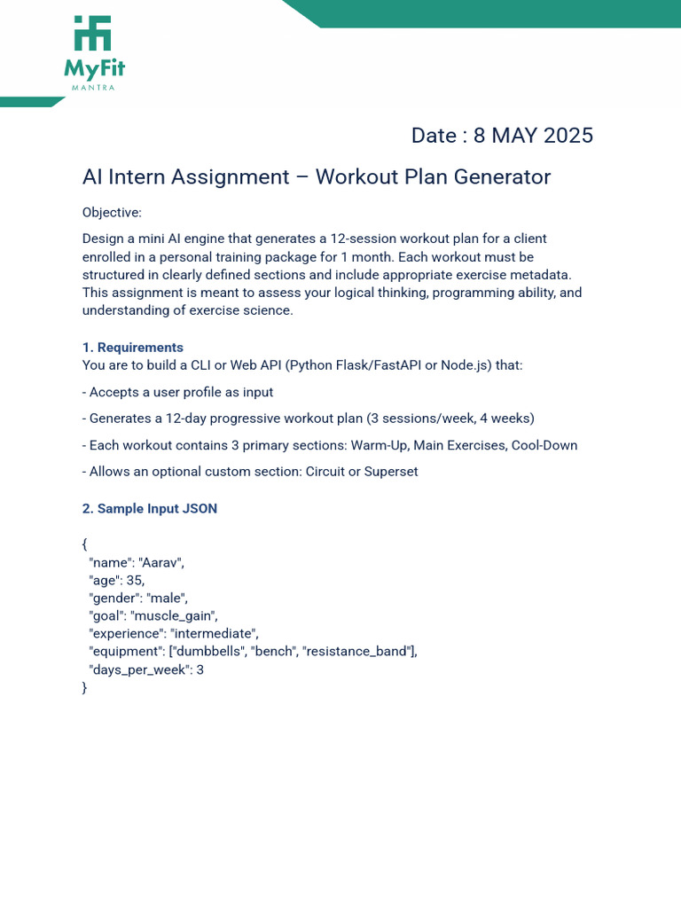 AI Intern Assignment – Workout Plan Generator 8may25 | PDF | Strength Training | Physical Fitness