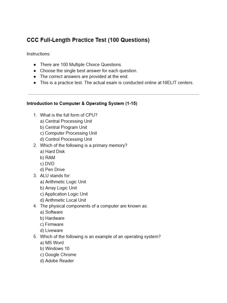 CCC Practice Test: 100 Questions | PDF | World Wide Web | Internet & Web