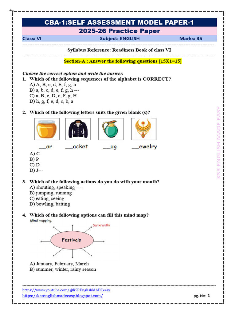 6th SAMP-1 (FA-1) English CBA Model Practice Paper 2025-26 | PDF