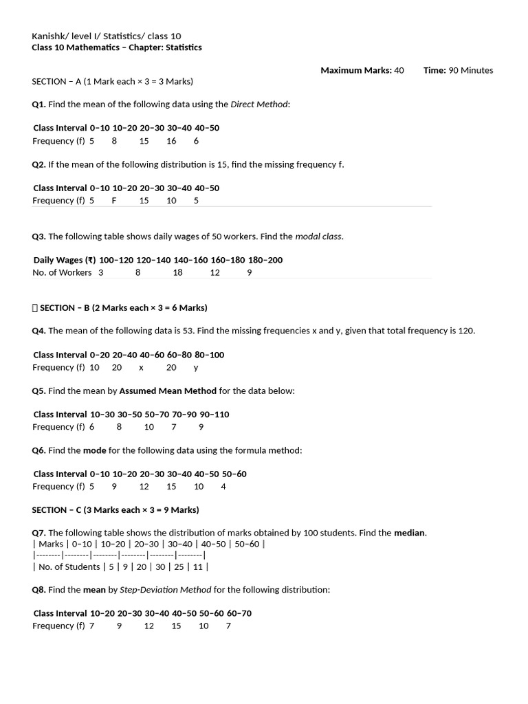 Class 10 Statistics Practice Questions | PDF | Mean | Median