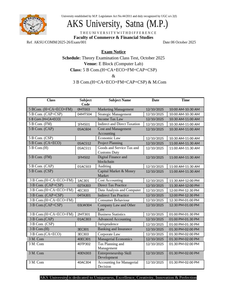 AKS University October 2025 Exam Schedule | PDF | Accounting | Taxes