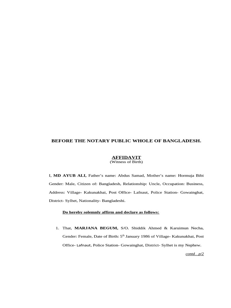 Affidavit of Birth Witness in Bangladesh | PDF | Affidavit | Civil Law ...