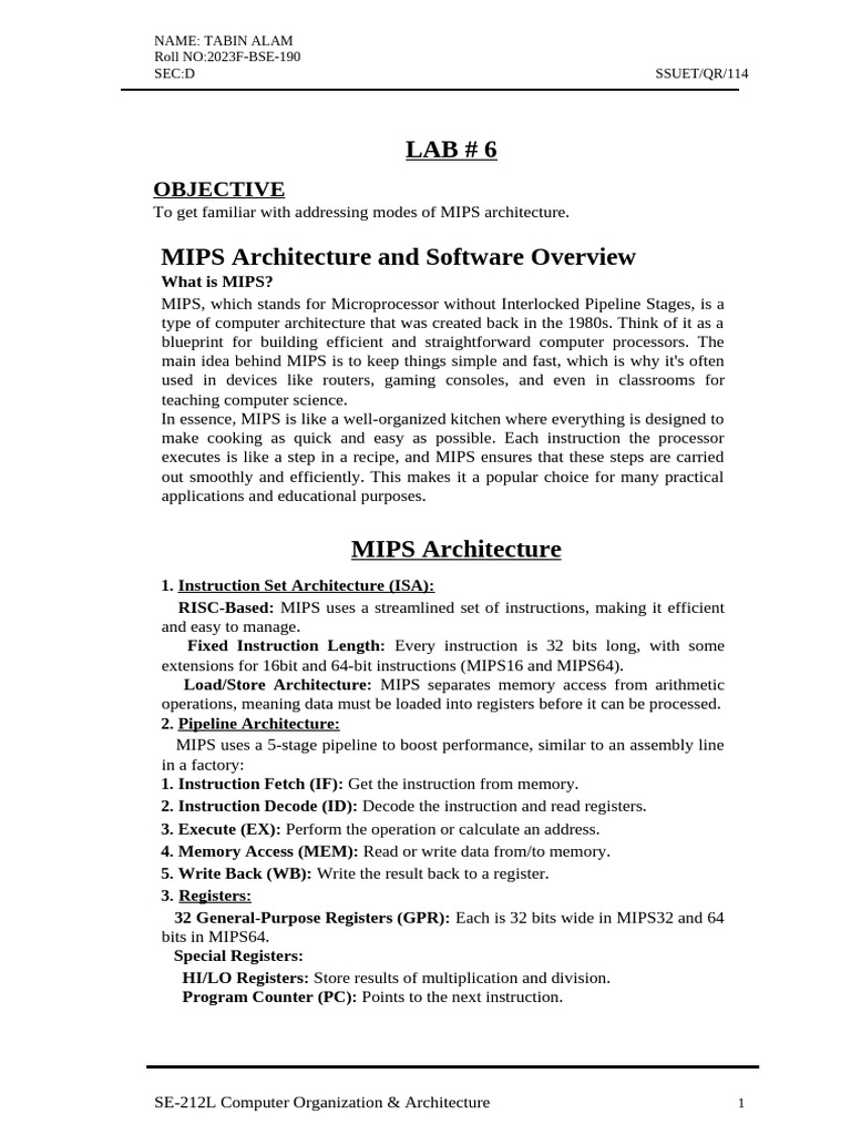 SE-212L COA Lab Manual 6 7 8 9 10 | PDF | Central Processing Unit | Computer Program