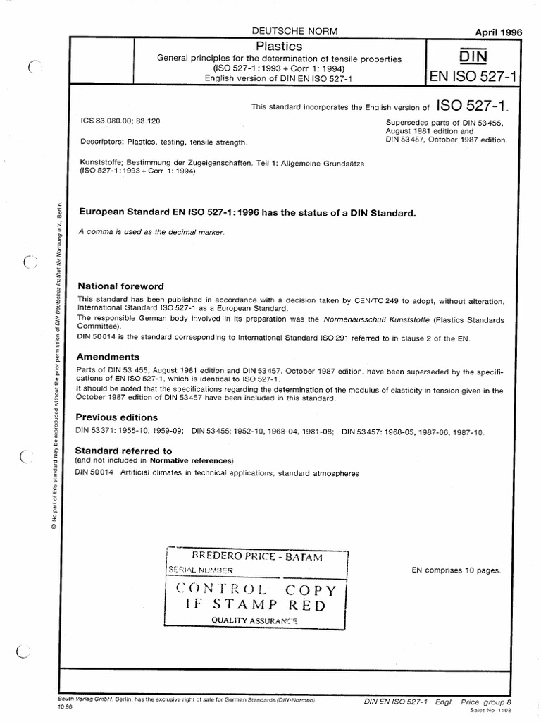 DIN en ISO 527-1 Plastics - General Principled For The Determination of ...