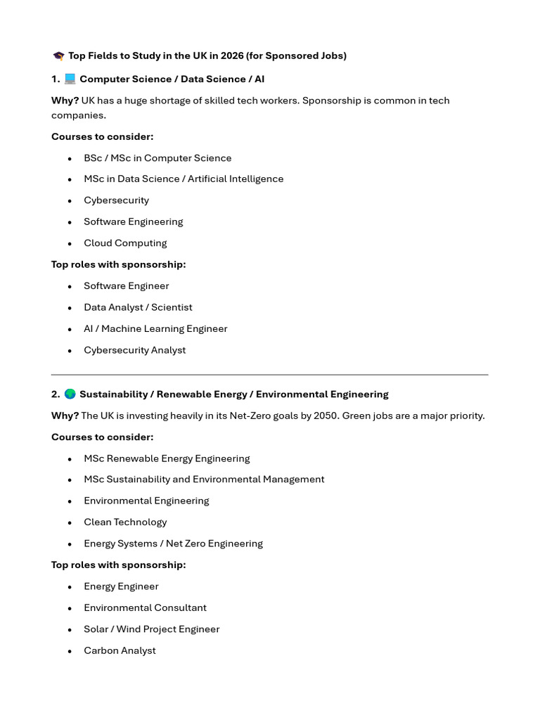 ? Top Fields To Study in The UK in 2026 | PDF | Engineering ...