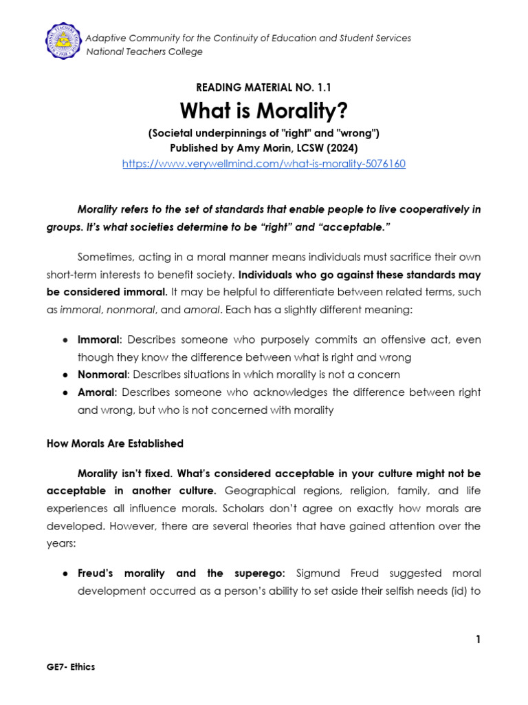 Ethics - Reading Material No. 1.1 | PDF | Morality | Psychology