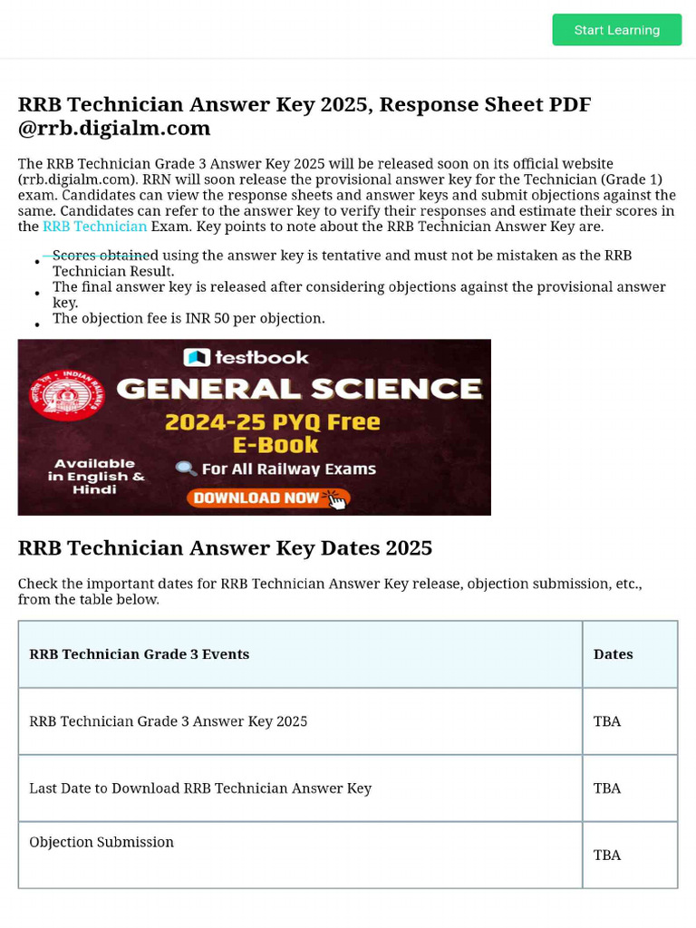 RRB Technician Answer Key 2025, Response Sheet PDF @ | PDF