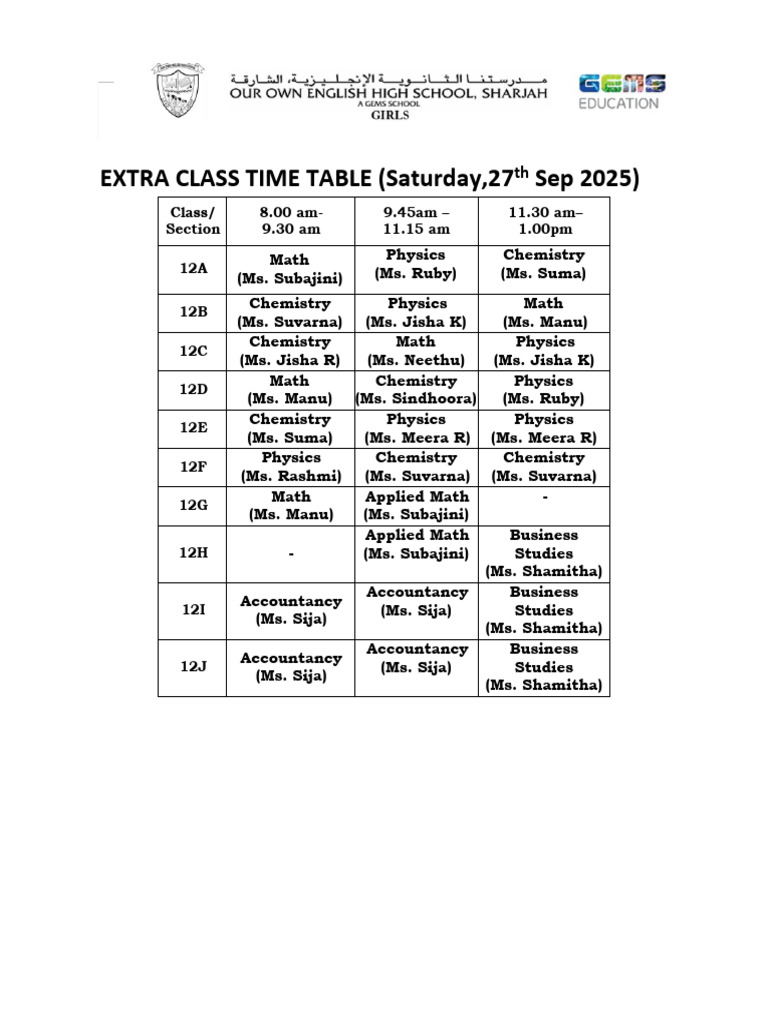 Extra Class Schedule for Ms. Subajini | PDF