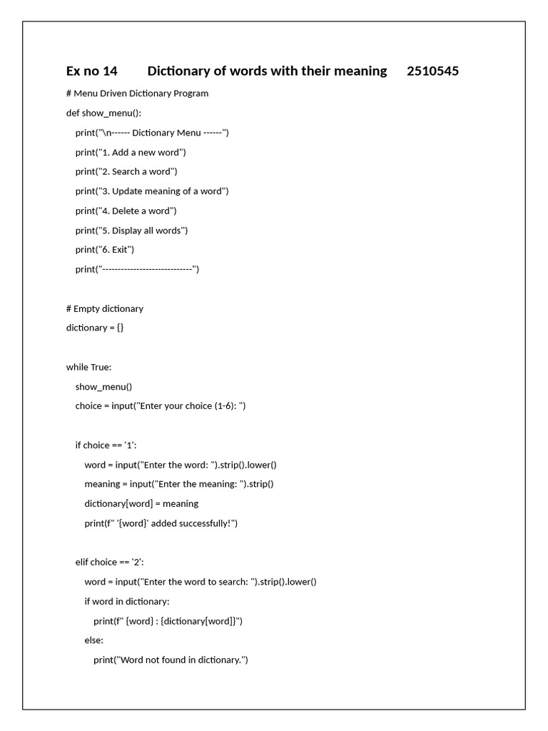 Ex No 14 Dictionary of Words With Their Meaning 2510545 | PDF
