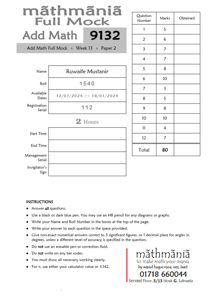 9132 Add Math Full Mock Week 13 Paper 2 | PDF | Circle | Elementary Geometry