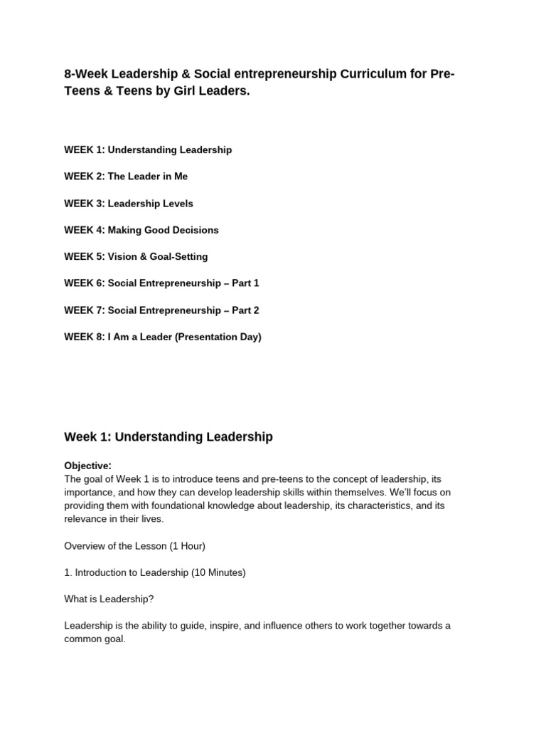 8-Week Leadership & Social Entrepreneurship Curriculum For Pre-Teens ...