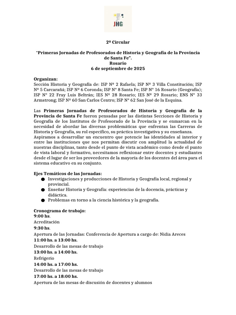 2º Circular 1 Jornadas de Inst Sup de Hist-Geo SFe | PDF | Geografía ...