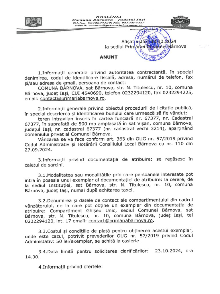 ANUNȚ Vânzare Teren În Suprafaţă de 500 MP Nr. Cadastral 67377 Sat ...