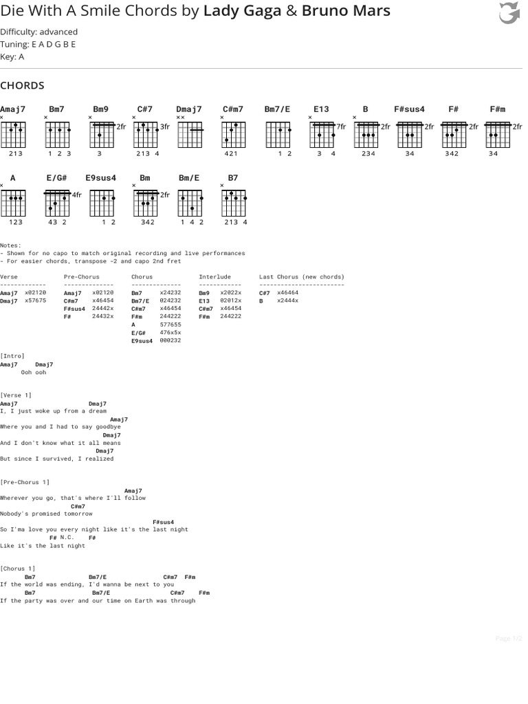 Die With A Smile Chords by Lady Gagatabs at Ultimate Guitar Archive ...