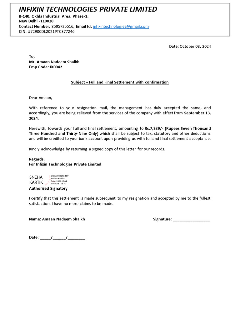 FNF Letter - Amaan Shaikh | PDF
