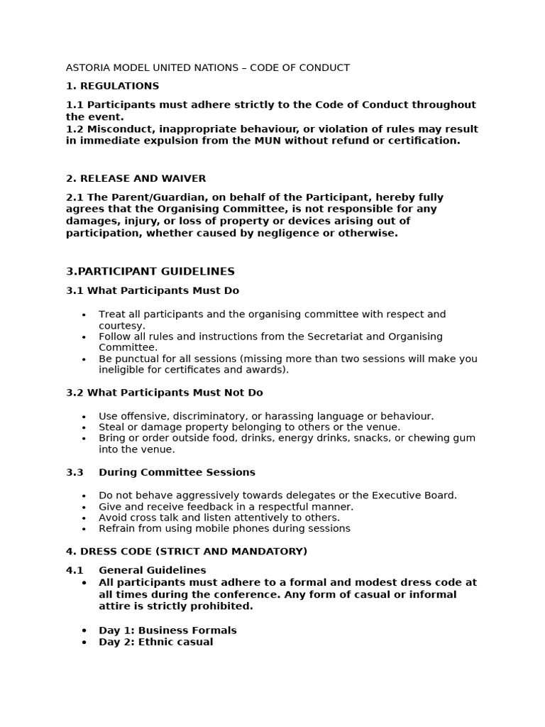 Astoria MUN Code of Conduct | PDF | Softlines (Retail) | Human Appearance