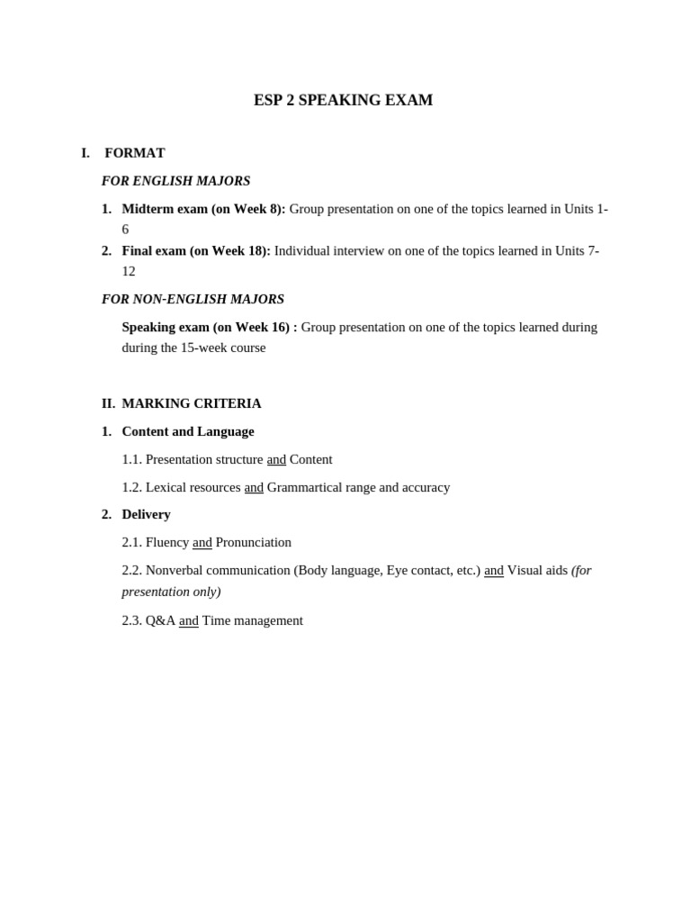 ESP 2 Speaking Exam Format & Criteria | PDF