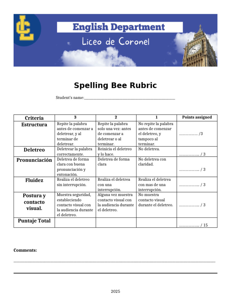 Spelling Bee Rubric | PDF