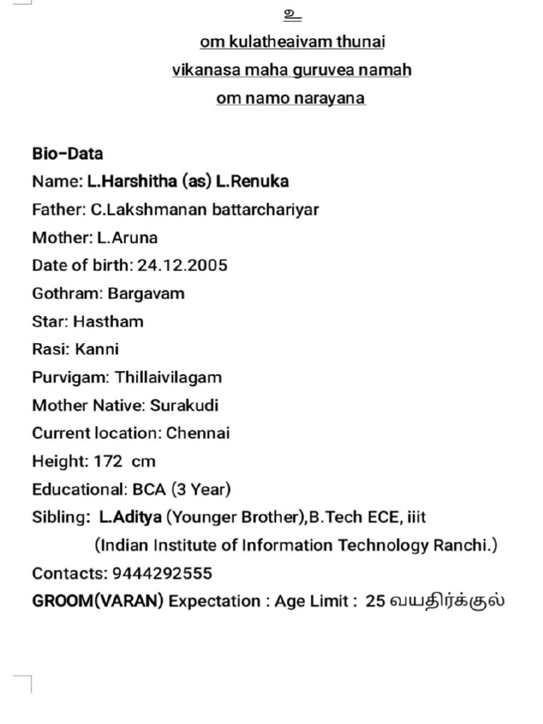 Renuka. L Bio Data | PDF