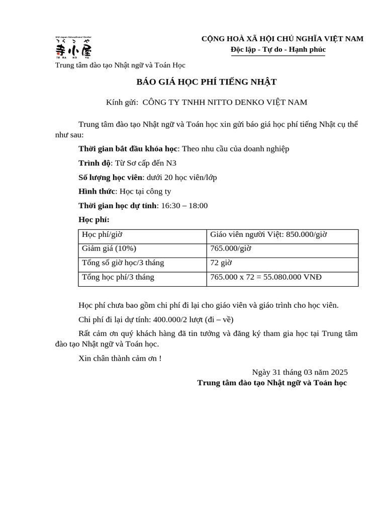Bao Gia Hoc Phi Tieng Nhat Nitto Denko 2025 Day Kem T I Cty | PDF