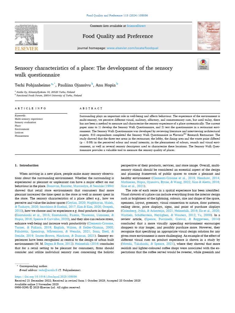 FQAP Sensory Characteristics of A Place Pohjanheimo | PDF | Perception ...