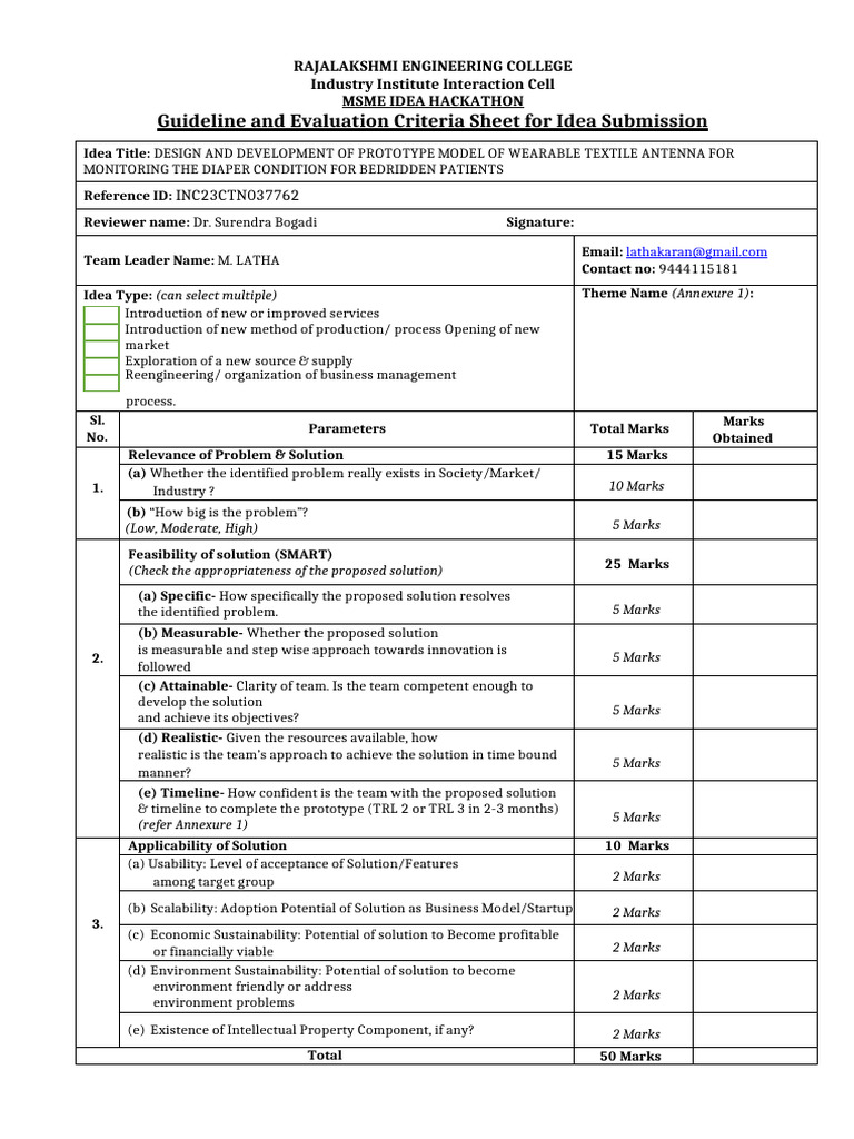 Idea-Evaluation-Form MSME Women Hackathon - INC23CTN037762 | PDF | Business