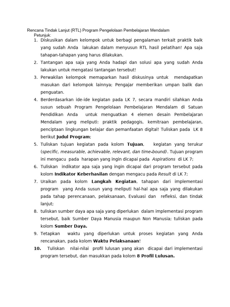 Rencana Tindak Lanjut (RTL) Program - Pengelolaan P... | PDF
