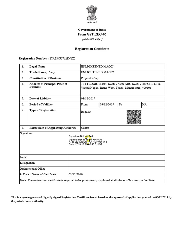 GST Registration Certificate for Enlightened Magic | PDF