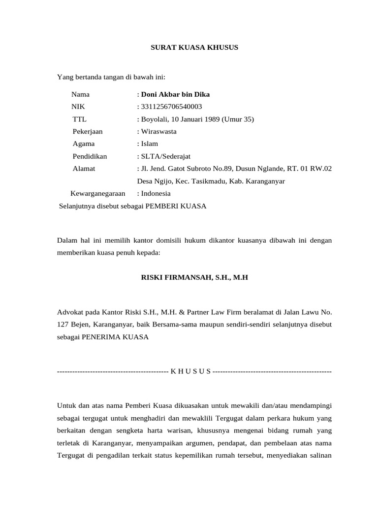 Surat Kuasa Khusus Doni Revisi 1 | PDF
