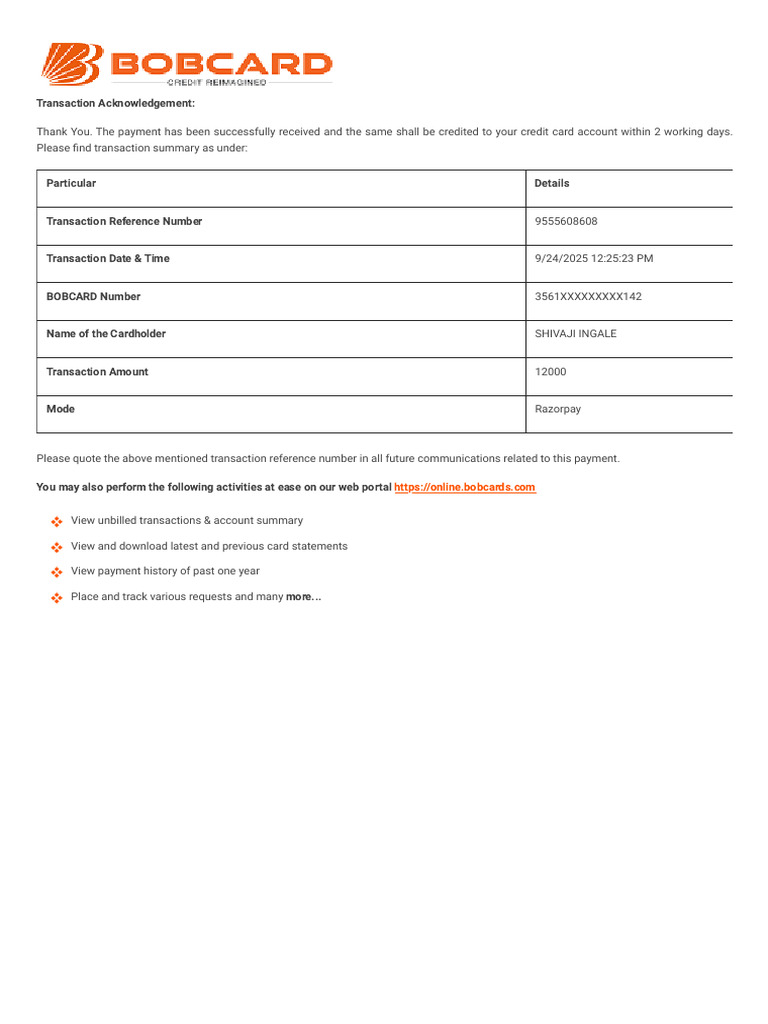 Bob Card Payment Confirmation Details | PDF