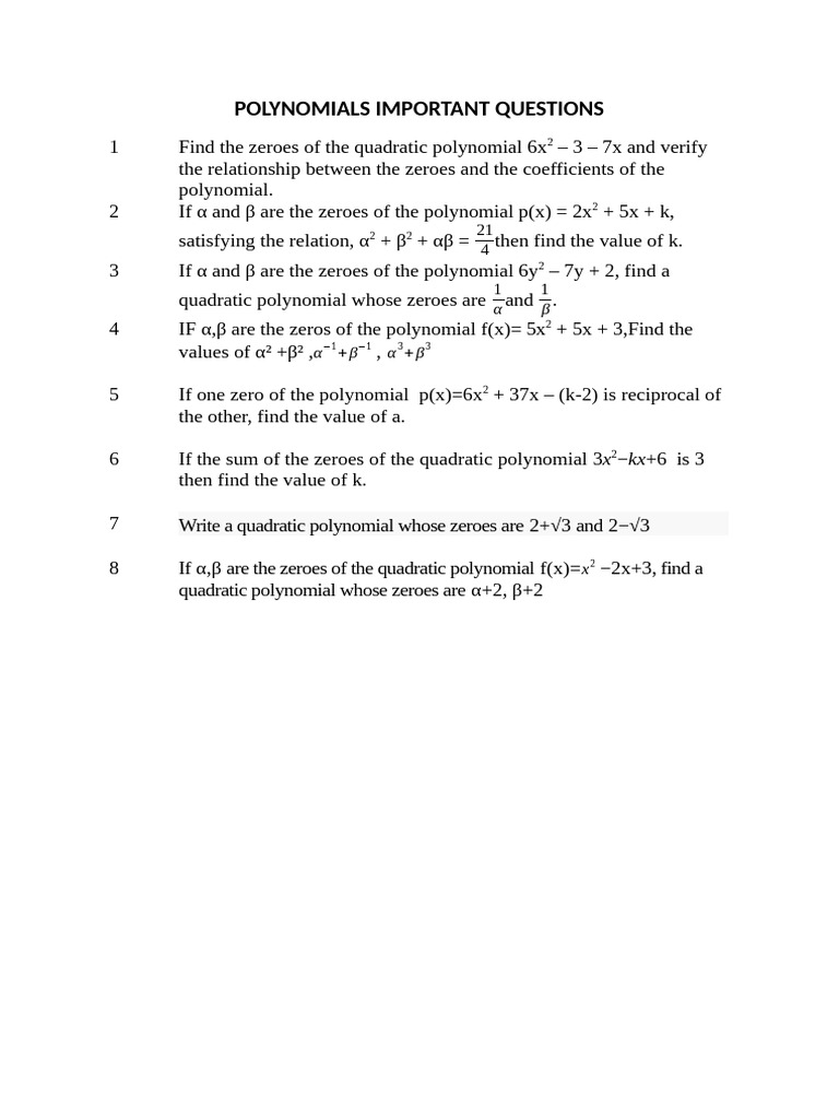 Polyomials Important Questions | PDF