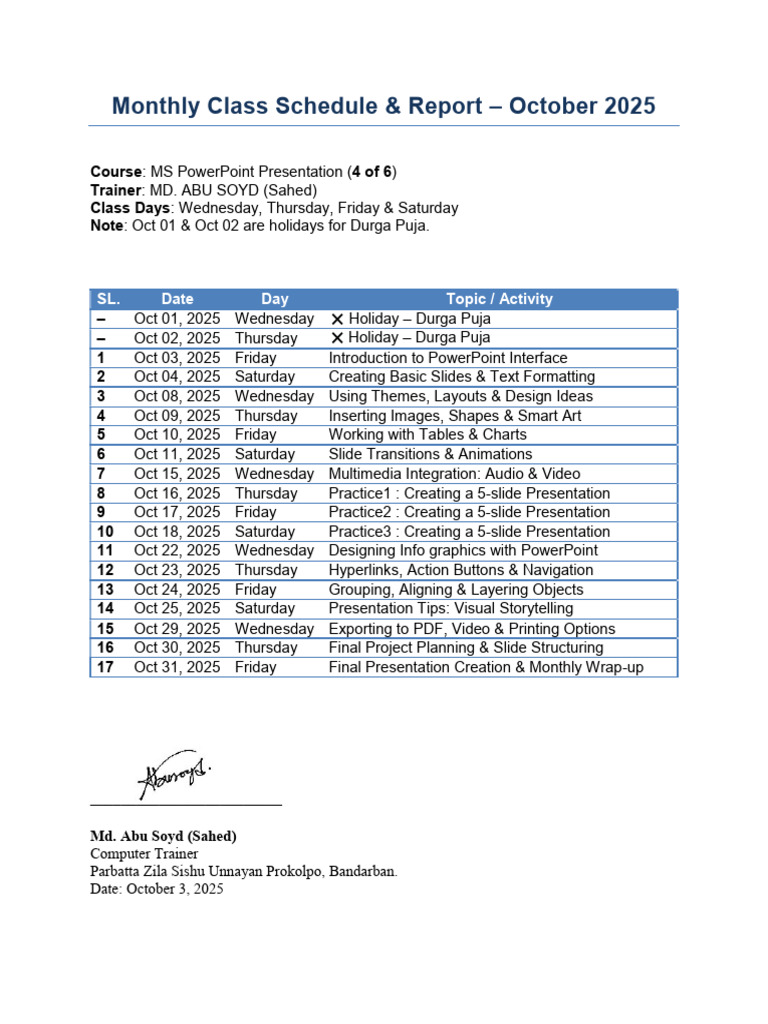 Monthly Class Schedule & Report for Oct 25 | PDF